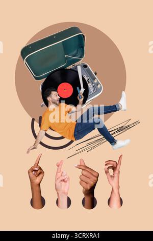 Collage with funky person dancing on vinyl record player diverse hands ...