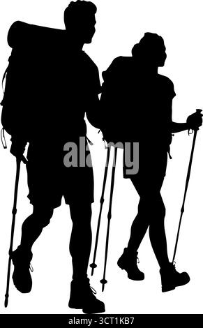 Couple with backpacks walking outdoors. Tourists with Nordic poles ...