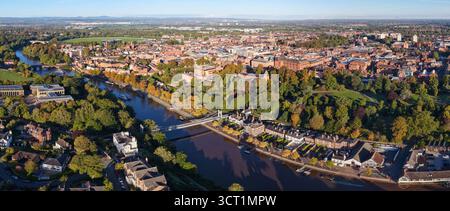 Sunrise aerial panorama of Chester city with River Dee, Grosvenor Park ...