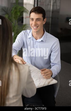 Happy people after successful job interview indoors Stock Photo - Alamy