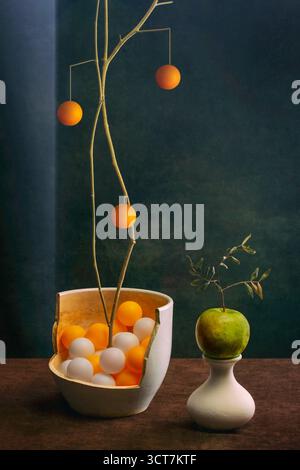 Still life with a split vase with balls and an apple Stock Photo - Alamy