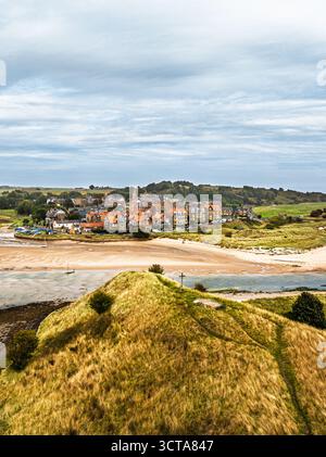 Aerial drone view of Alnmouth village and river Aln estuary ...