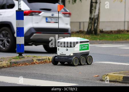An autonomous food delivery robot by Starship Technologies, used by the ...