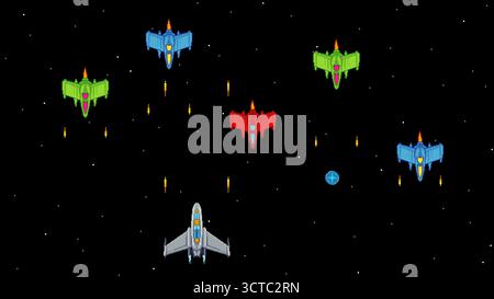 8bit pixel arcade game of fight plane, 2D top view of flight bomber and ...