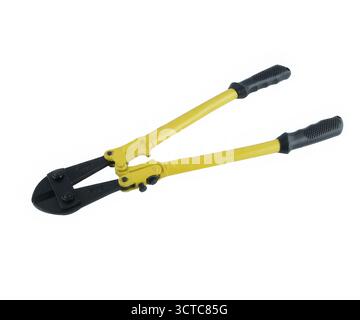 Worker with bolt cutter cutting steel bars. Cutting metal bar, scissors ...