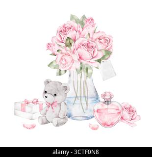 Teddy bear with wine bottle on a white background. Vector illustration ...