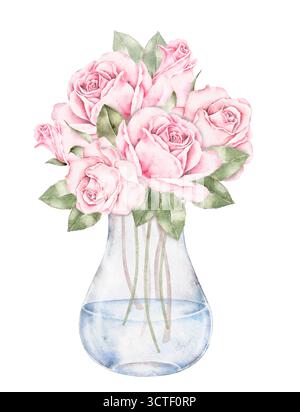 Painted watercolor composition of flowers bouquet in pastel delicate ...