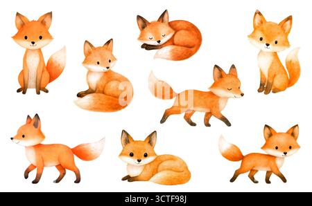 Watercolor Fox Clipart Set – Cute Woodland Foxes in Orange and Gray ...