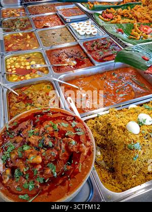 Assorted Indian ethnic food buffet on rustic concrete table from above ...