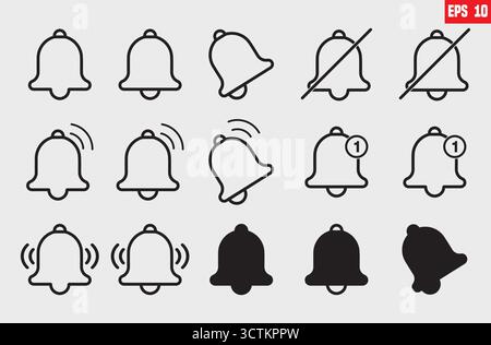 Set of bell alert icon isolated on white background, black alarm vector ...