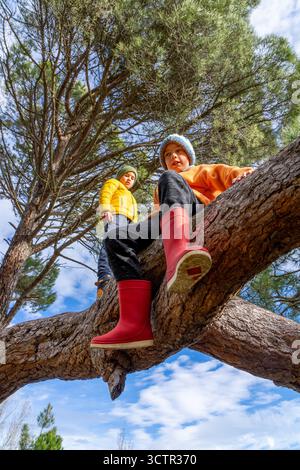 Low angle view of two kids having fun inside a fishing boat on the ...