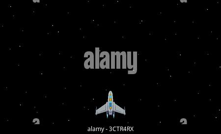 Pixel art spaceship in starry space background, retro arcade style ...