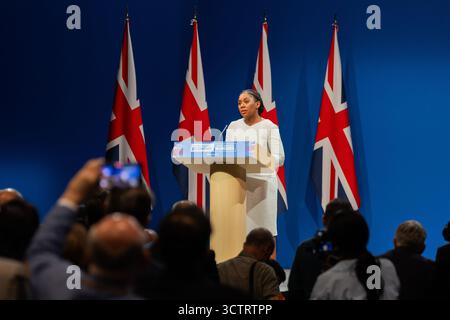Manchester , UK. 08 OCT, 2025. Party leader Kemi Badenoch delivers her ...