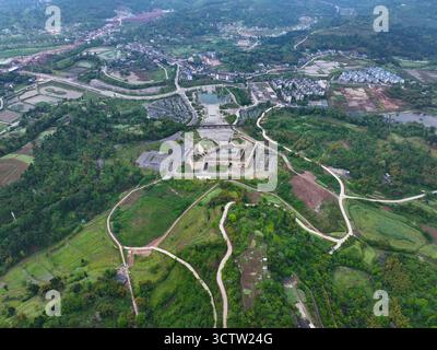Aerial photo of Baoding Mountain Tourist Center in Dazu Rock Carvings ...