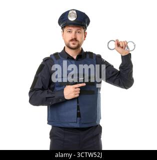 Uniform of policeman with gun and handcuffs on table Stock Photo - Alamy