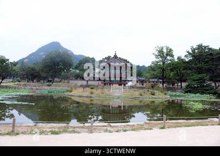 A photograph of the Hyangwonjeong pavilion, a two-storey hexagonal ...