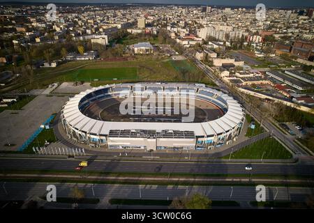 Wide angle aerial view of Lodz cityscape with mix of modern and ...