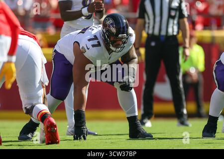 Baltimore Ravens guard Daniel Faalele (77) lines up for a play during ...