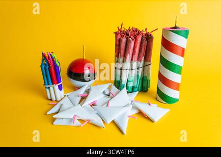 Composition of a variety of festive pyrotechnics, including rockets, a ...