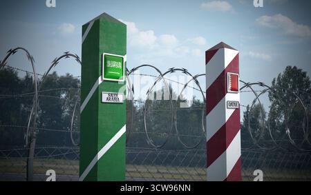 Border posts with flags of Saudi Arabia and Oman - 3d illustration ...