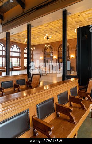 long wooden benches in main waiting room inside septa 30th street train ...