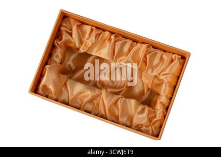 Orange empty gift box covered with orange satin fabric isolated on a ...