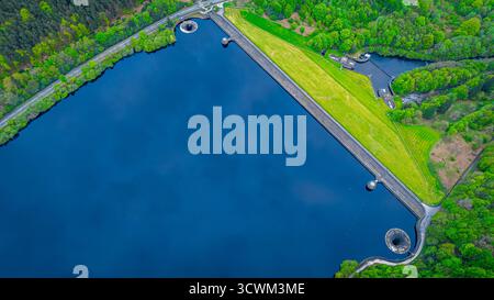 Aerial view of Ladybower Reservoir with scenic countryside and blue sky ...