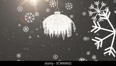 Image of dangling christmas bauble and decorations with snow falling ...