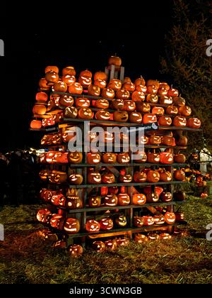 Many Halloween Pumpkin glowing faces in a row on dark background Stock ...