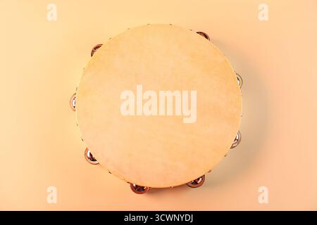 Musical instrument tambourine, top view. Music abstract background ...