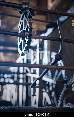 Intricate clockwork mechanism of an antique tower clock, showcasing ...