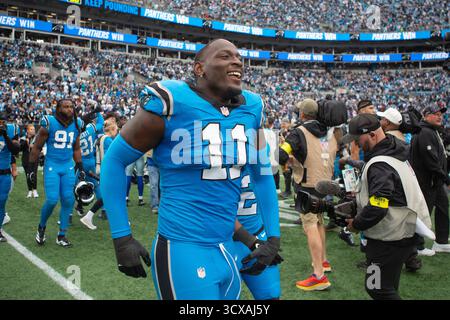 Carolina Panthers linebacker Nic Scourton (11) warms up before an NFL ...