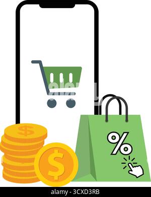 online shopping smartphone payment and bag black and white Stock Vector ...