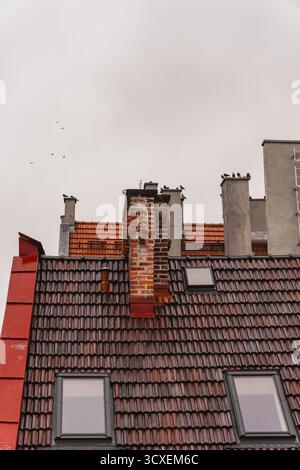 Roofs of houses, covered with old tiles with dilapidated chimneys Stock ...