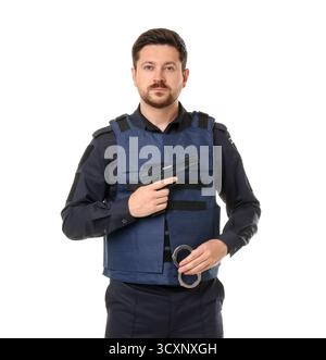 Uniform of policeman with gun and handcuffs on table Stock Photo - Alamy