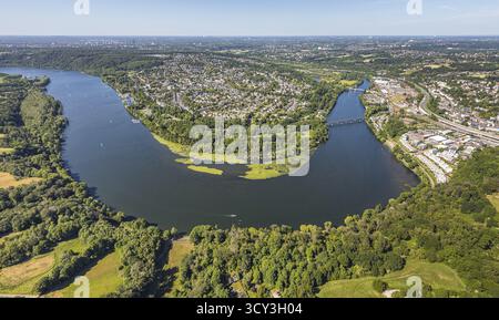 Aerial view, local view Heisingen, Ruhrschleife, bird sanctuary ...