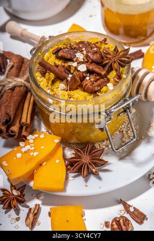 Pumpkin pie oatmeal with yogurt and pecan nuts, healthy autumn ...