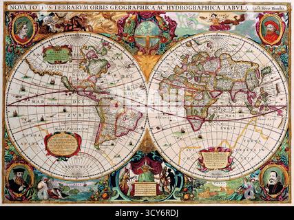 Double Hemisphere map of the World with portraits of the most important ...