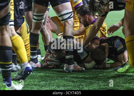 Amanaki Mafi. of Newcastle Red Bulls is tackled during the Gallagher ...