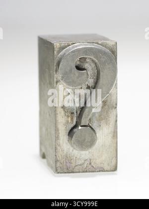 Question mark metallic letterpress type block front view isolated on ...
