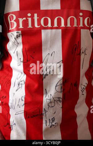 A view of a fan's signed Wrexham shirt before the Sky Bet Championship ...