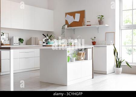 Interior of light medical laboratory with tables and houseplants Stock ...