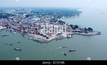 Chandpur is the estuary of three major rivers in Bangladesh. Drone view ...