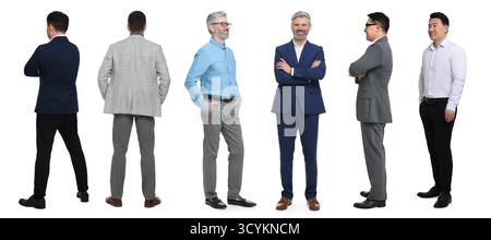 Collage with full length portraits of men and women on white background ...