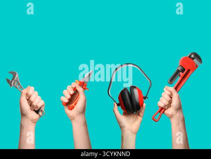 People holding different tools in hands against beige gradient ...