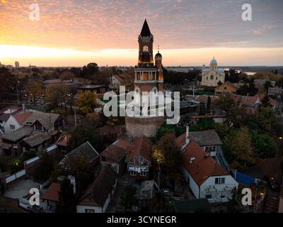 Aerial view of Zemun town and Gardosh tower at sunset, rooftops and ...