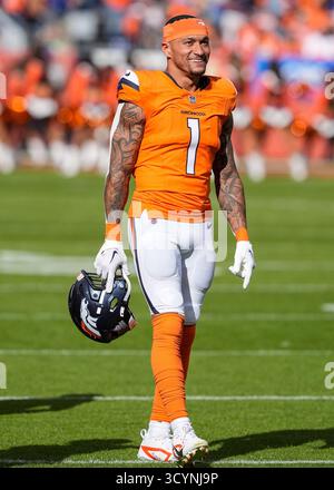 Denver Broncos tight end Evan Engram (1) warms up before playing ...