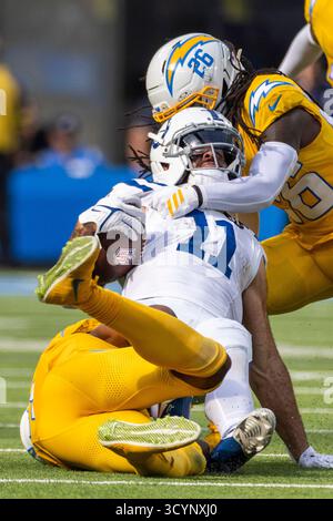 Los Angeles Chargers cornerback Donte Jackson (26) intercepts a pass ...