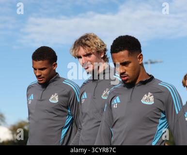 Nick Woltemade of Newcastle United (centre) and Calvin Bassey of Fulham ...