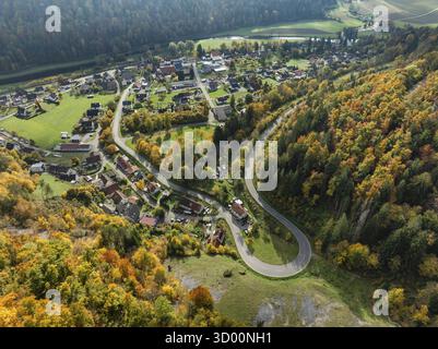 Aerial view of the viewpoint, shovels and Hausen Castle, also known as ...